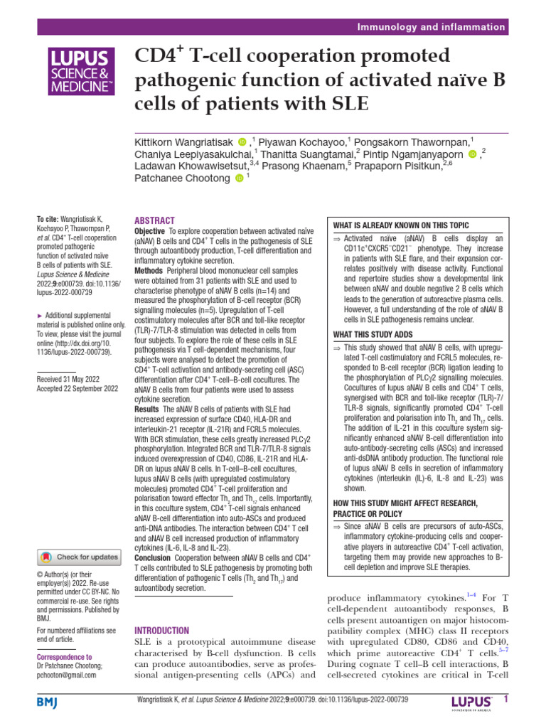 2022 B Cells HLA-DR CD40 CD86 TB Cooperation in SLE | PDF