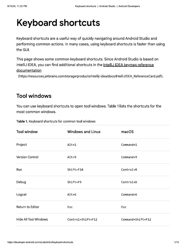 Keyboard Shortuts Android Studio | PDF