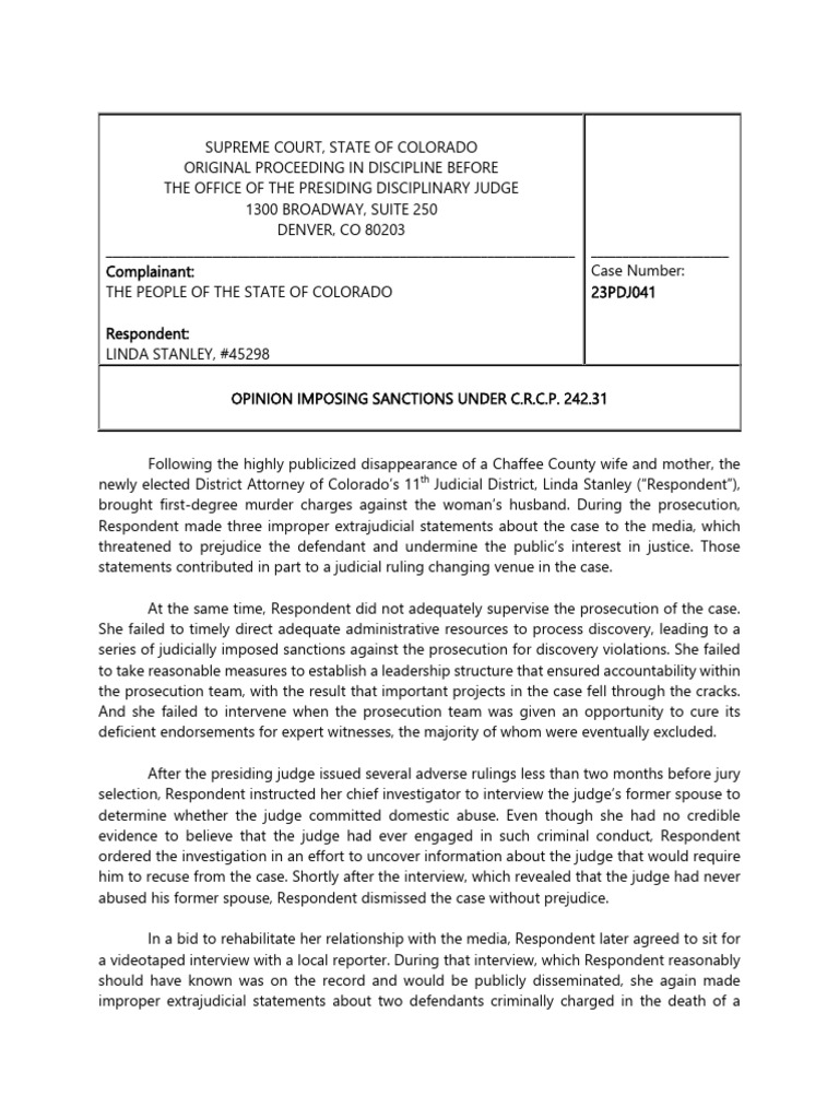 District Attorney - Linda Stanley Disbarred | PDF | Discovery (Law ...