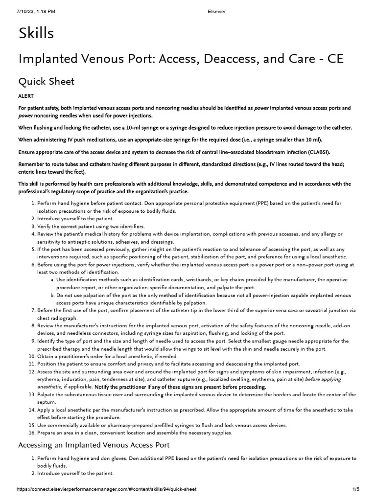Implanted Venous Port - Access, Deaccess. and Care | PDF