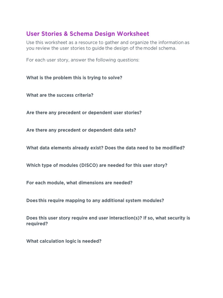 Schema Design & User Stories Worksheet | PDF