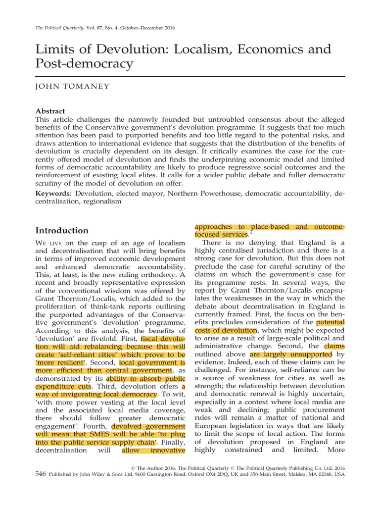 Tomaney, J (2016) Limits of Devolution. Localism, Economics and Post-Democracy | PDF