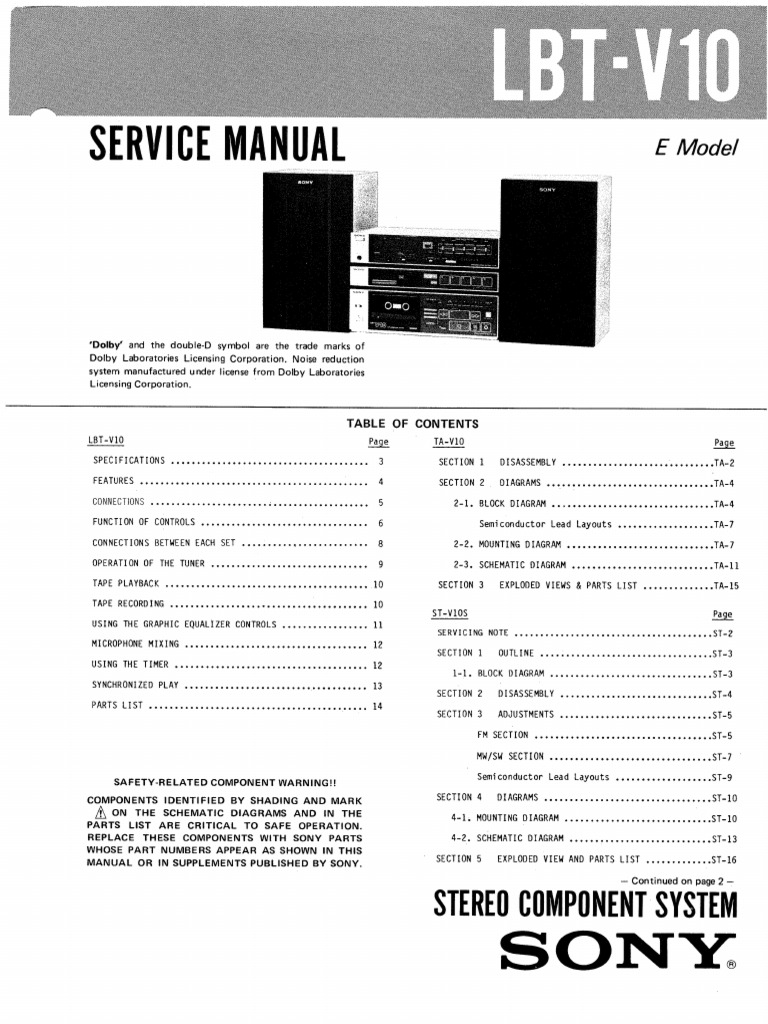 Sony lbt-v10 Ta-V10 st-v10s tc-v10 ss-v10 | PDF