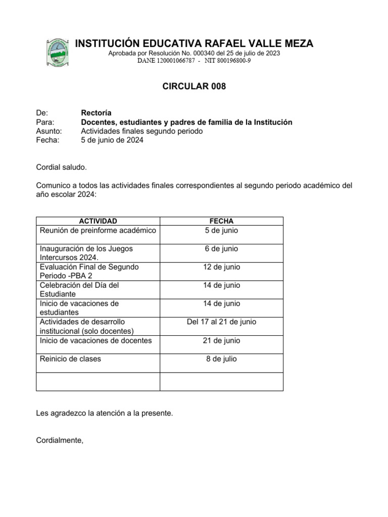 Circular 008 - Actividades Finales Segundo Periodo | PDF
