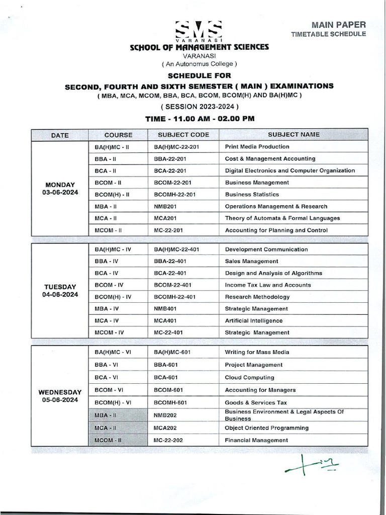 TimeTable Schedule - Main Paper - 0001 | PDF