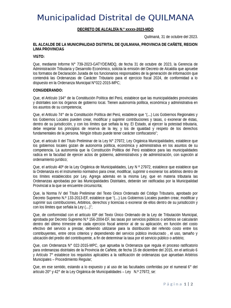 Proyecto de Decreto de Alcaldia Donde Se Aprueba El Formato de DJ Del ...