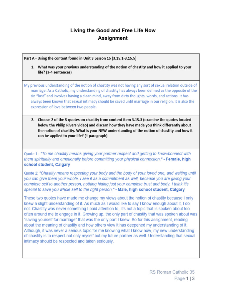 Living The Good and Free Life Now Assignment PDF | PDF | Chastity | Virtue