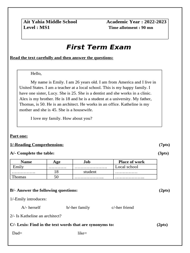 1st Term Exam 1ms | PDF