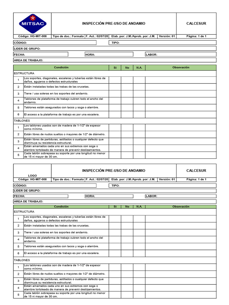 Check List Andamios | PDF