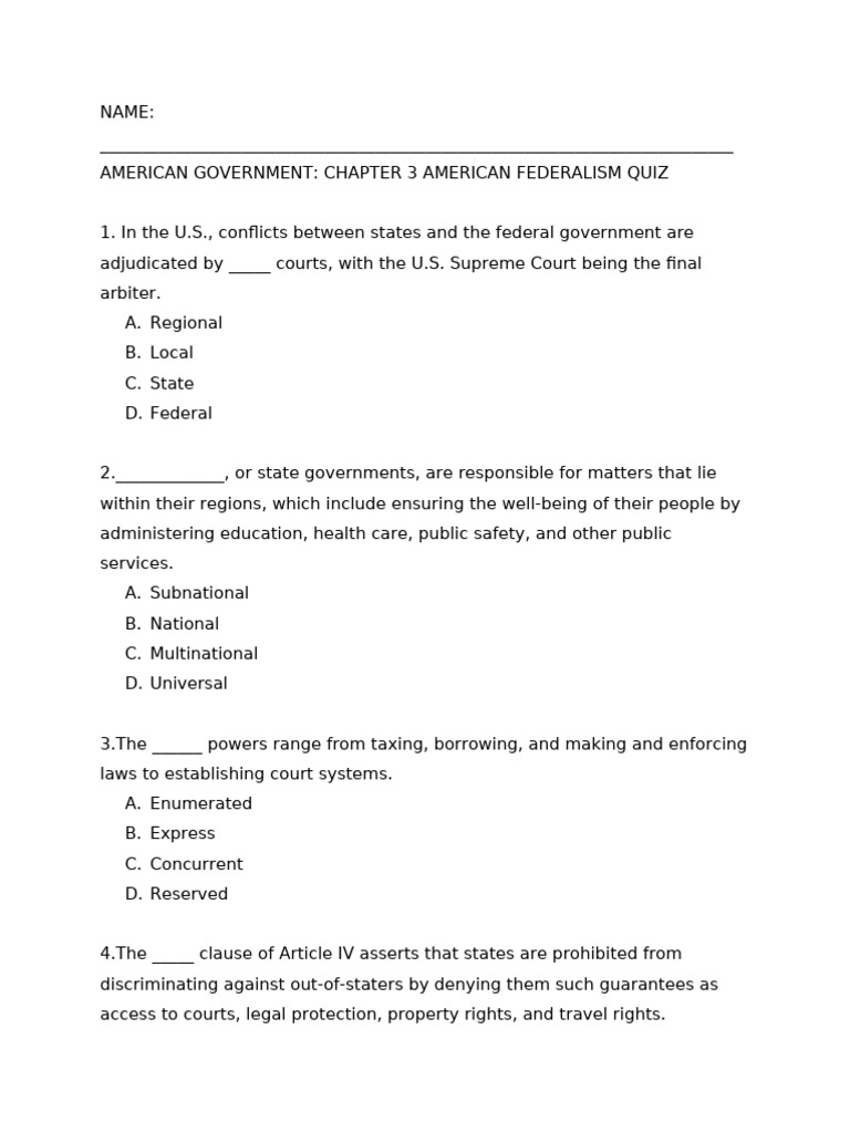 American Government Chapter 3 American Federalism Quiz | PDF
