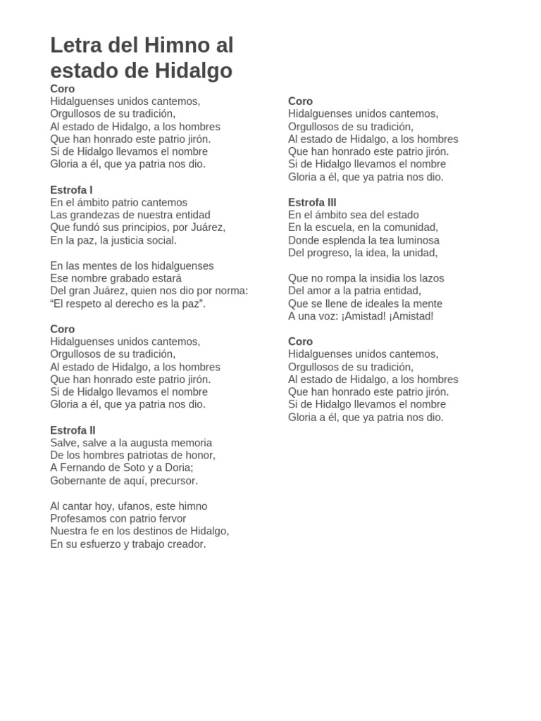 Letra Del Himno Al Estado de Hidalgo | PDF