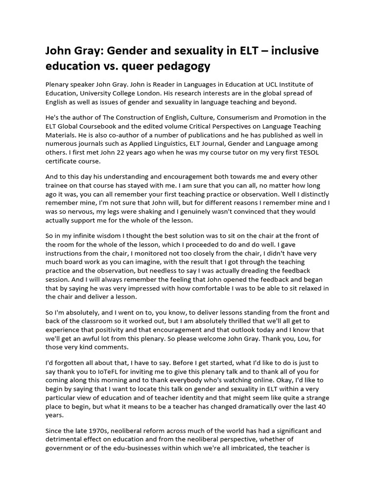 John Gray - Gender and Sexuality in ELT - Inclusive Education vs. Queer Pedagogy | PDF