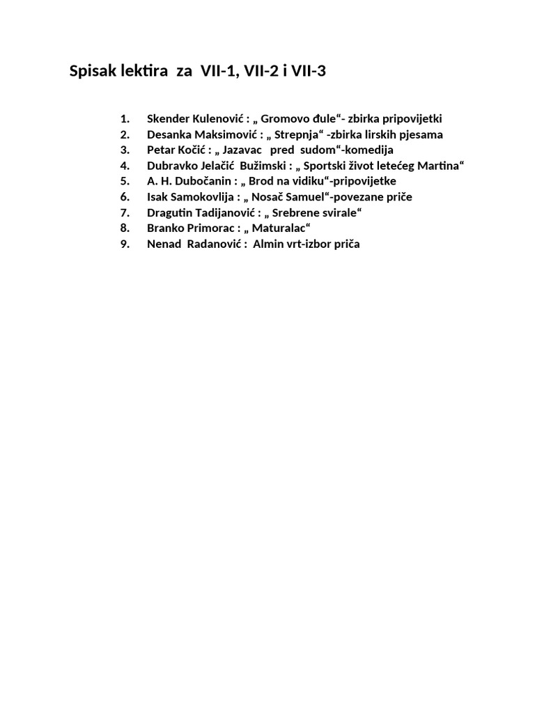 Spisak Lektira Za Vii Razred 2024 2025 | PDF