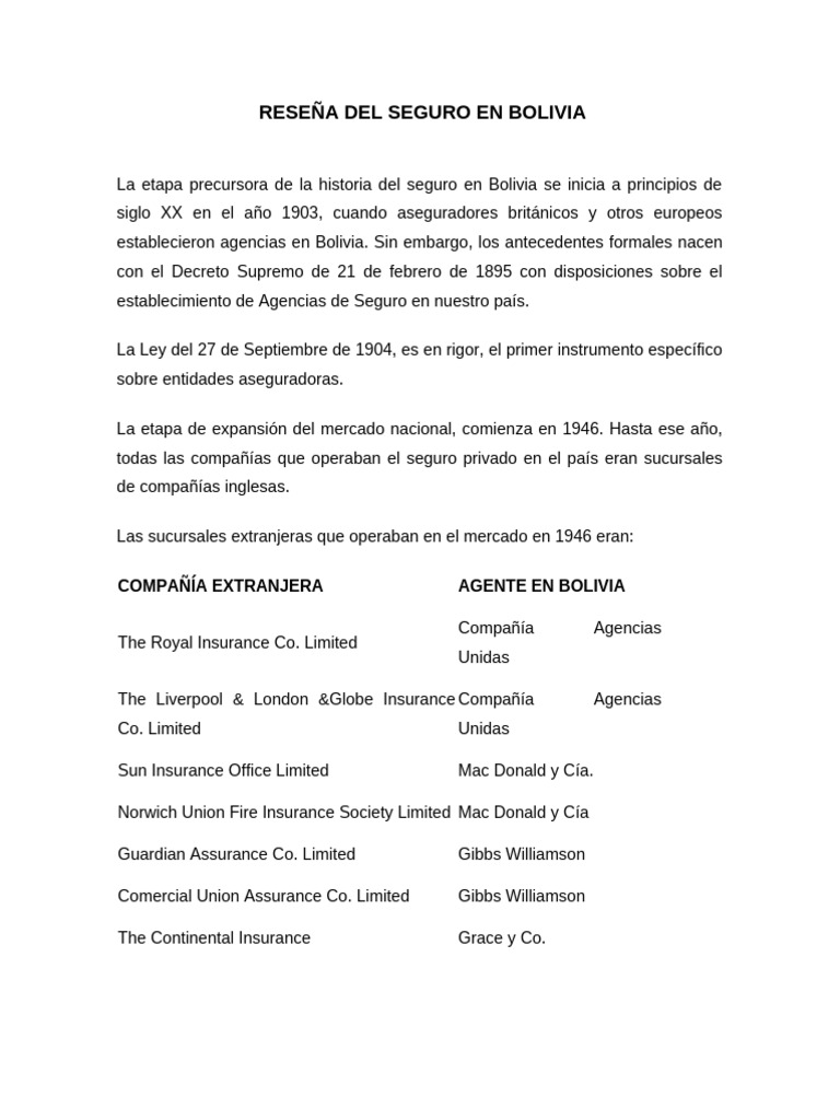 Historia de Los Seguros en Bolivia #1 | PDF