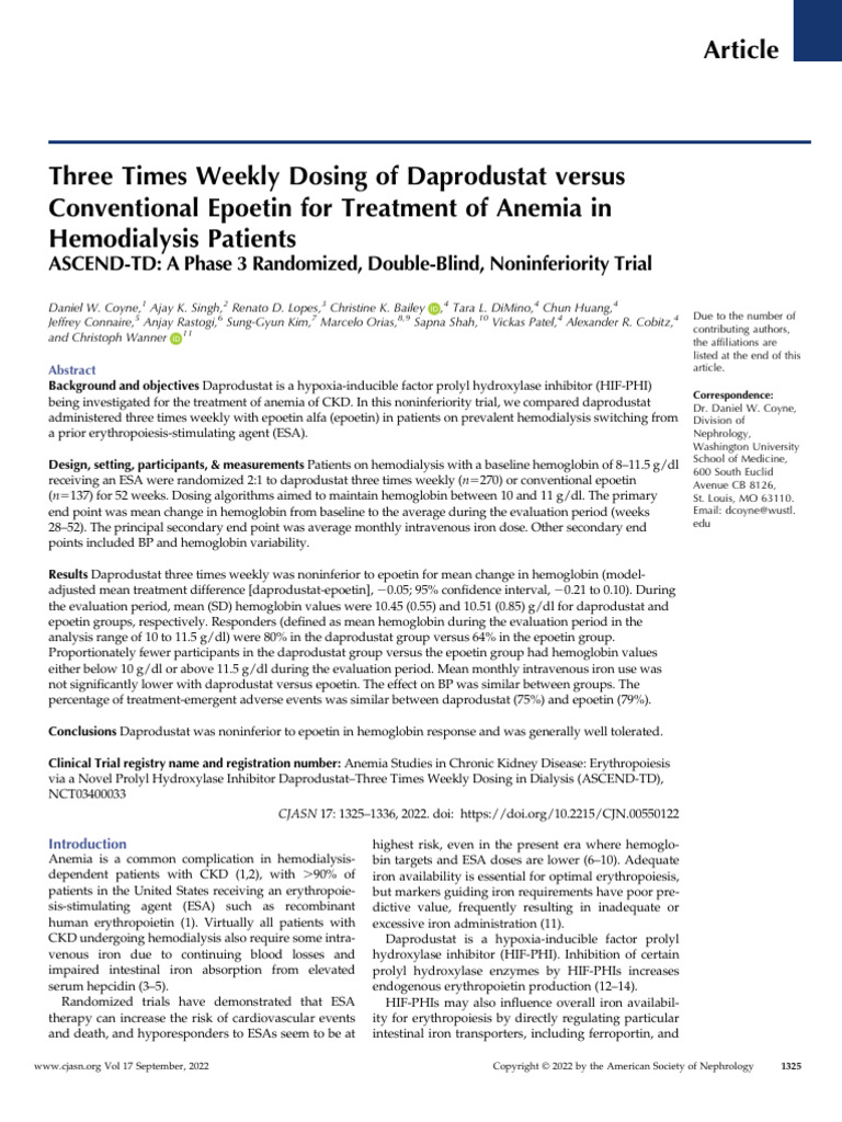 Three Times Weekly Dosing of Daprodustat Versus.11 | PDF