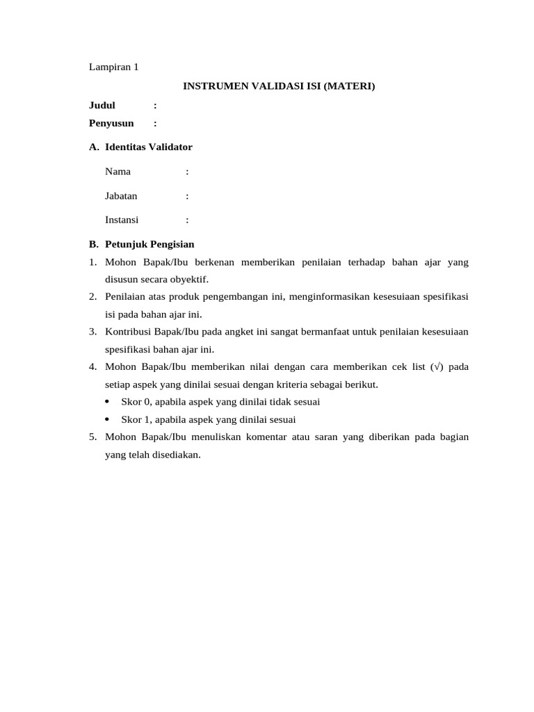Lampiran 1 Validasi Isi (Materi) | PDF