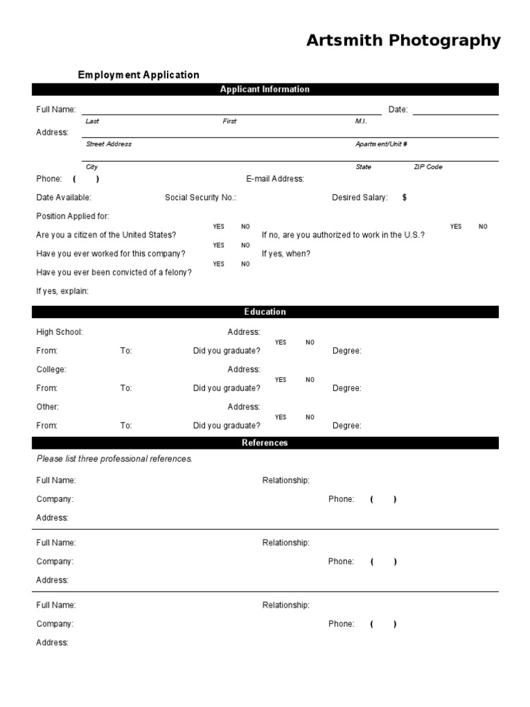 Artsmith Photography Employment Application | PDF