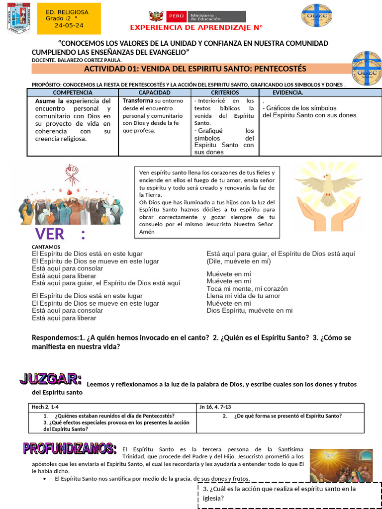 Activ N°2 Eda 3 1° Venida Del Espiritu Santo SJL Bimestre Ii - 2024 | PDF