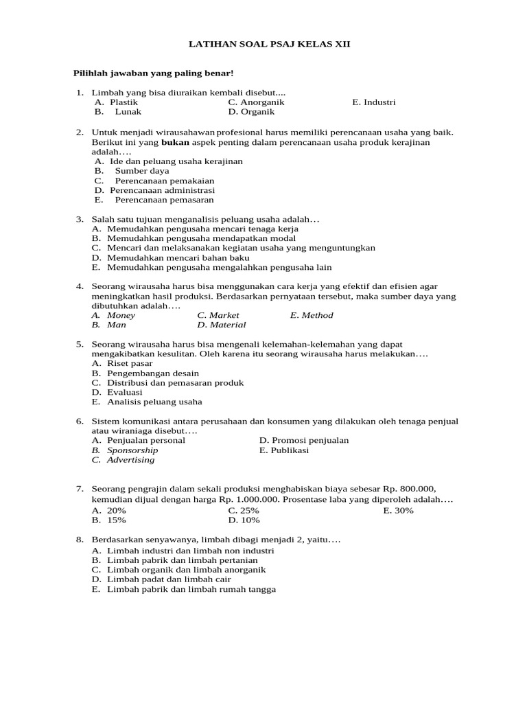 Soal Latihan Psaj Kelas Xii | PDF