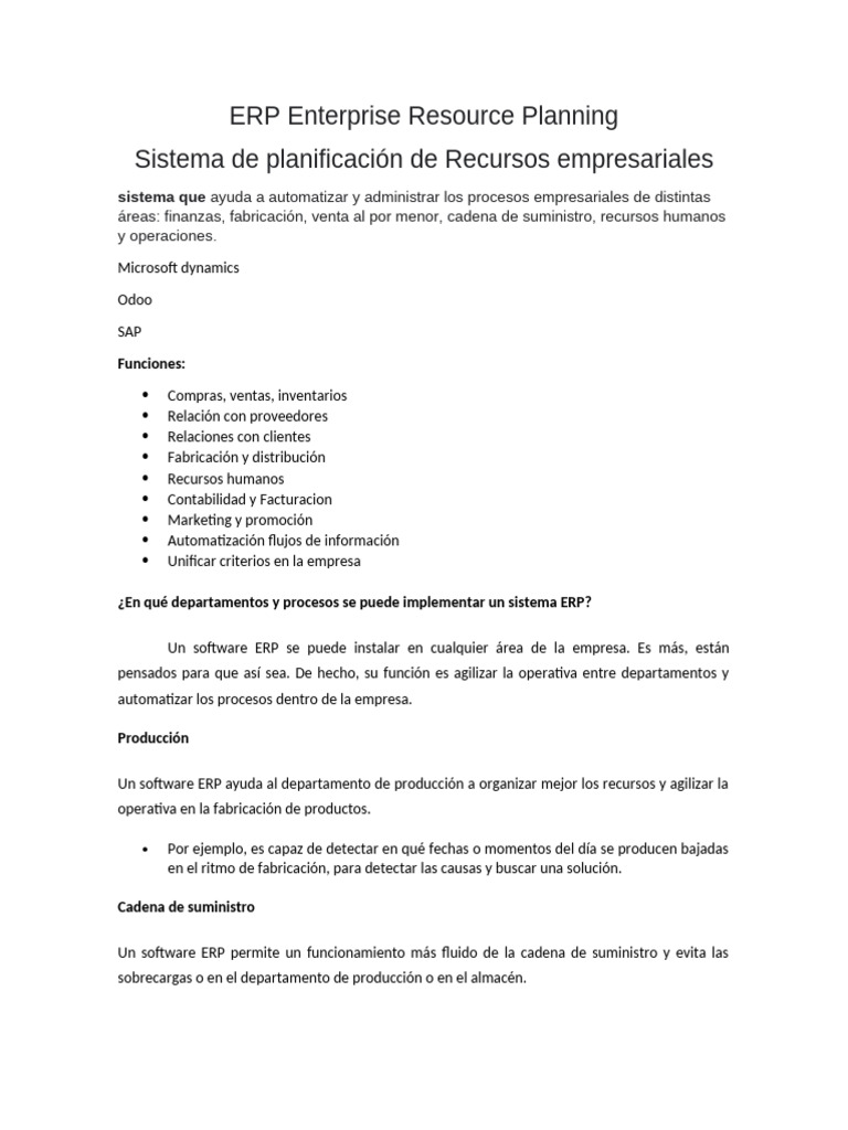 ERP Enterprise Resource Planning Sistema de Planificación de Recursos Empresariales | PDF