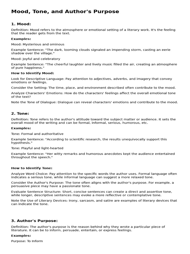 Mood, Tone and Author's Purpose Learning Pack | PDF
