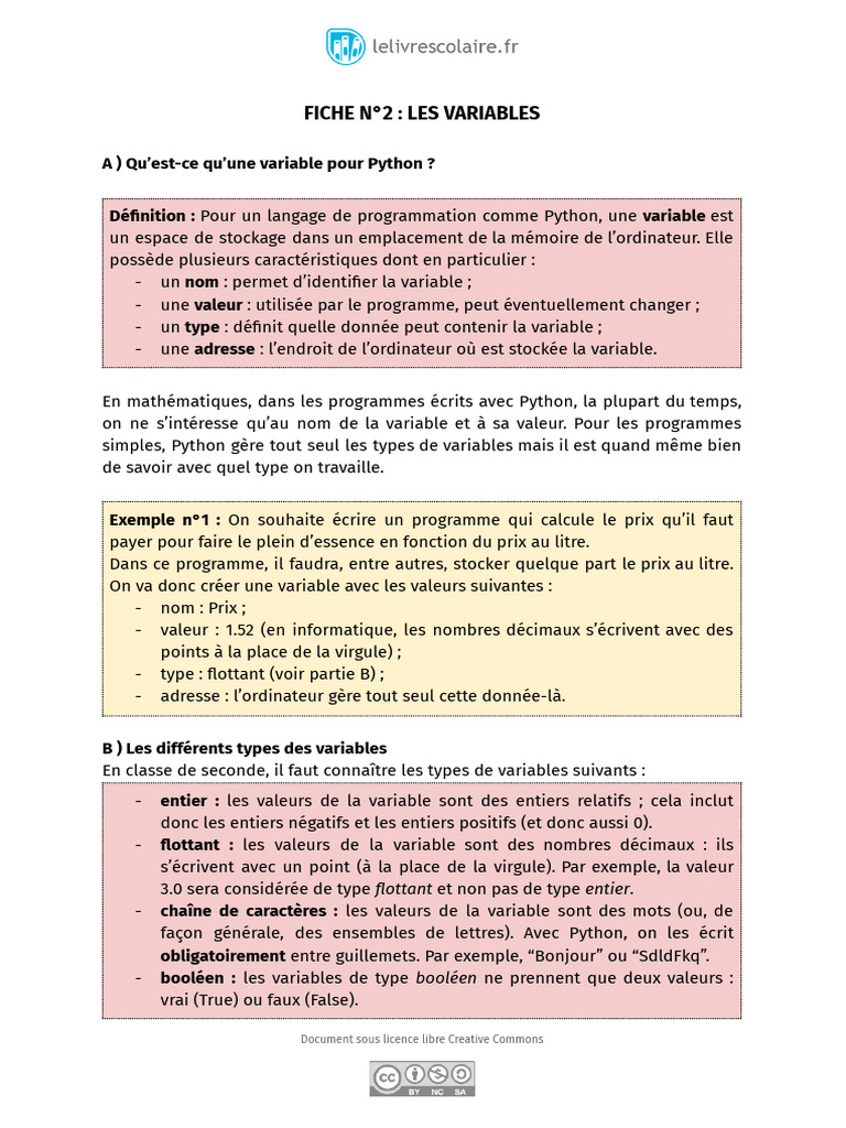 Fiche n2 Les Variables | PDF