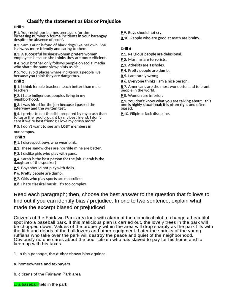 Identifying Bias and Prejudice Examples | PDF | Parapsychology ...