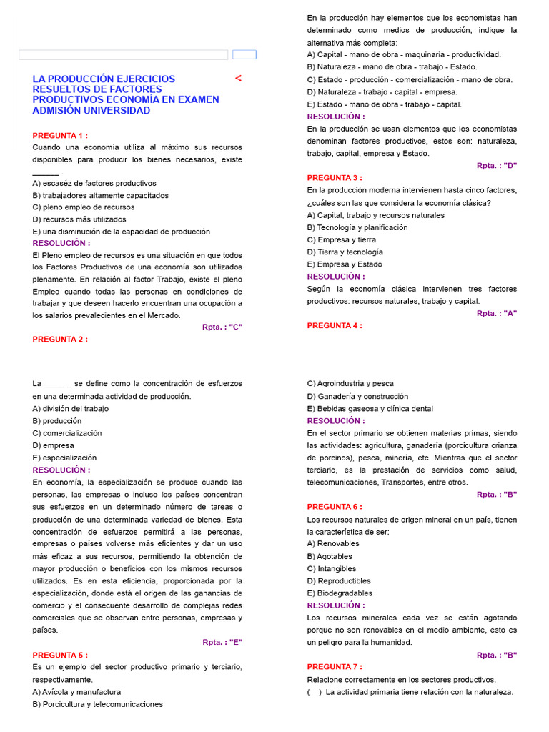 La Producción Ejercicios Resueltos de Factores Productivos Economía en Examen Admisión ...