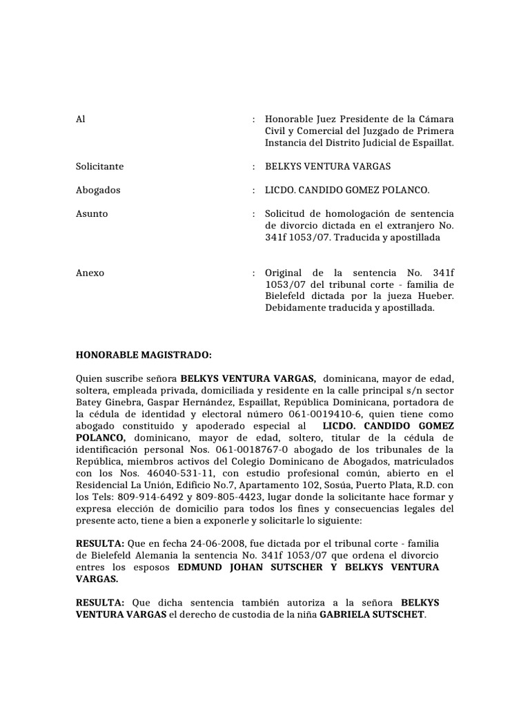 Solicitu de Homologacion Sentencia Divorcio | PDF