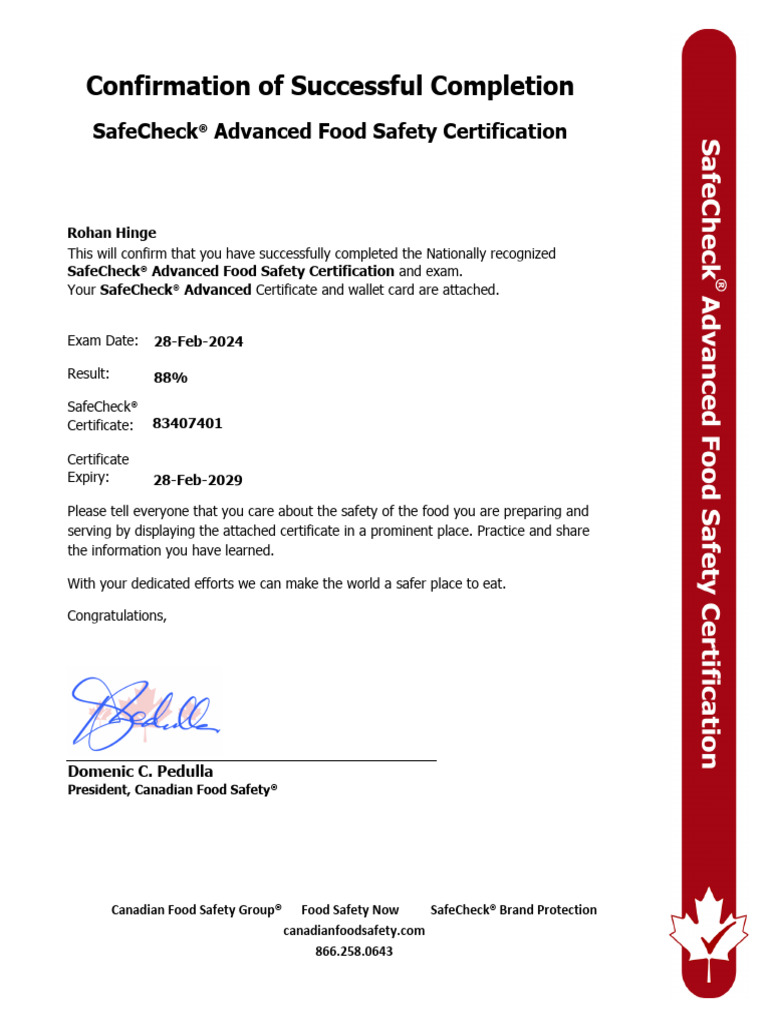 Food Safety Certificate | PDF