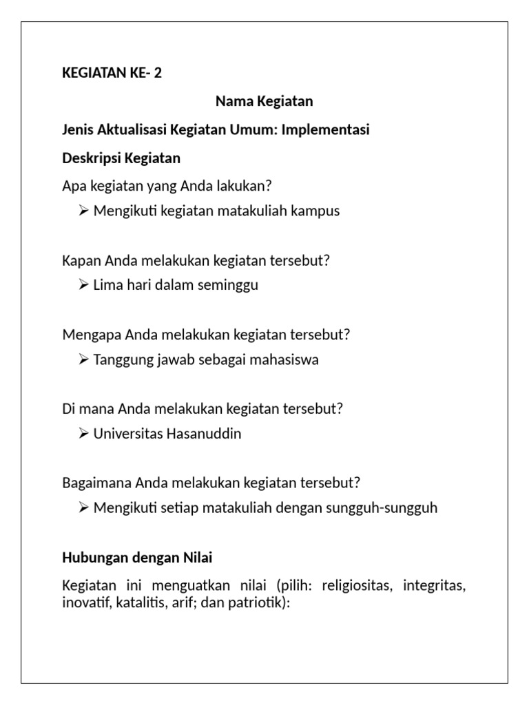 Template Aktualisasi Kegiatan Umum Implementasi | PDF