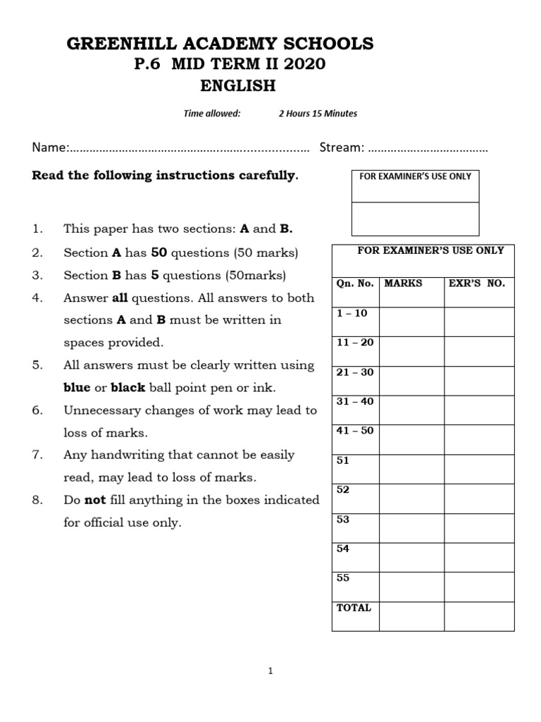 p6 English Mid Term II | PDF