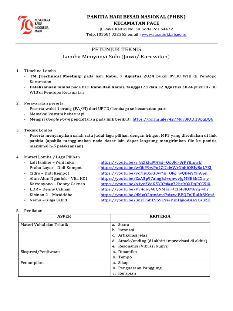 JUKNIS LOMBA MENYANYI SOLO KEC. PACE 2024-1 | PDF