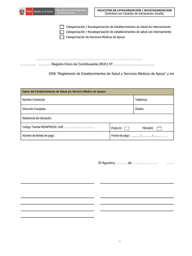Solicitud de Categorizacion - Recategorizacion de EESS o SMA | PDF