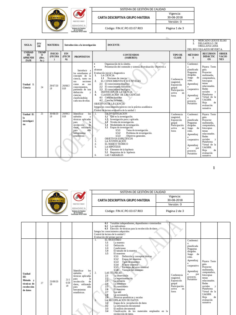 Carta Descriptiva INV100 1-2020 | PDF | Estadísticas | Muestreo (Estadísticas)
