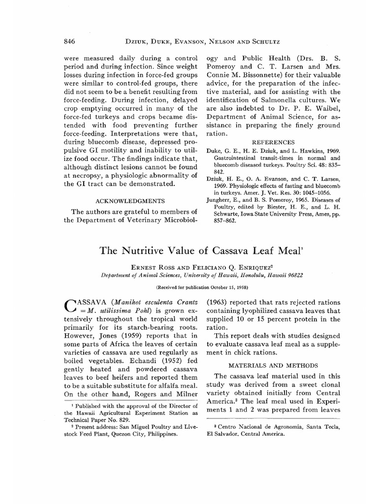 Cassava Leaf Meal Nutritive Value | PDF