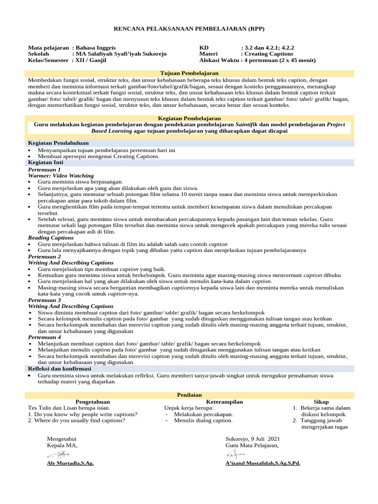 4.2 Revisi Akhir RPP Captions Bhs Inggris Hari H Akreditasi Dan Tehnik Penilaian | PDF