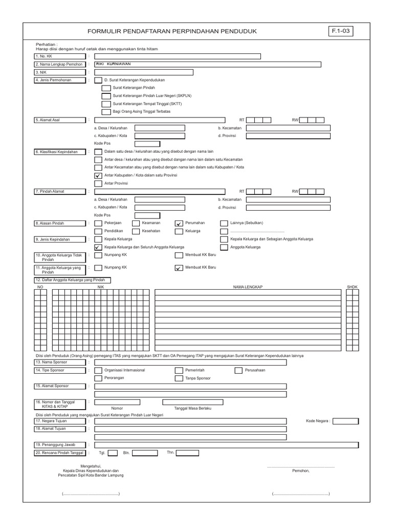 Formulir Pendaftaran Perpindahan Penduduk F.1-03: Riki Kurniawan | PDF