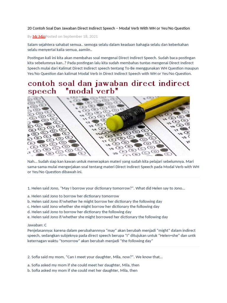 20 Contoh Soal Dan Jawaban Direct Indirect Speech | PDF