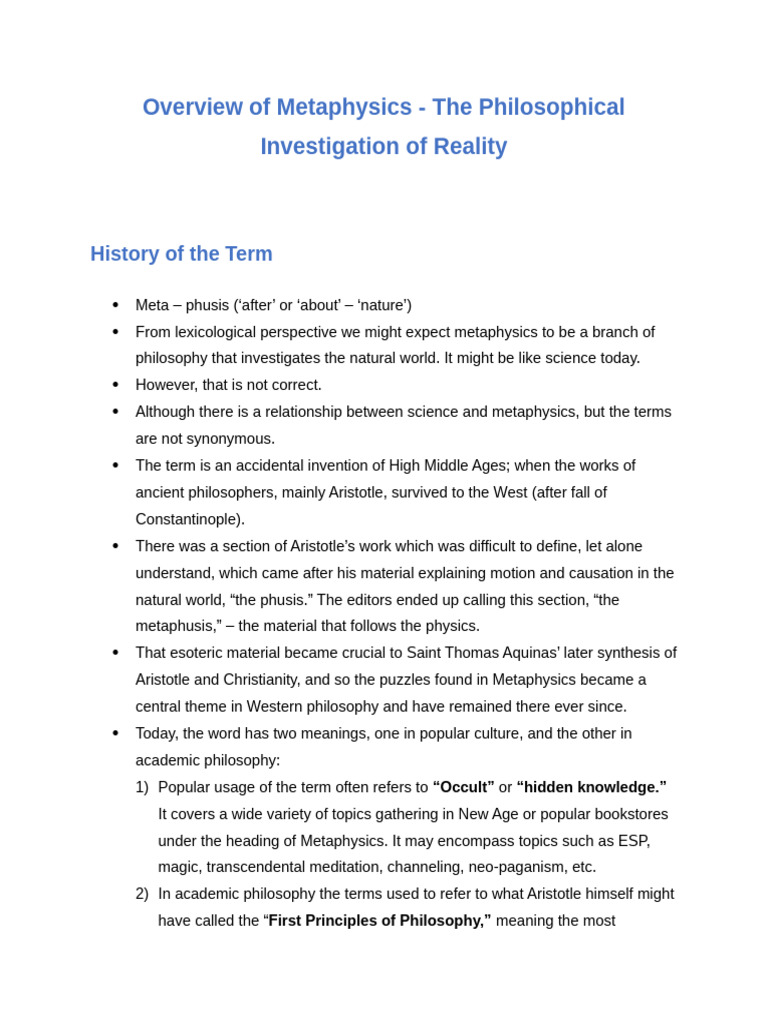 An Overview of Metaphysics - A Little Bit of Philosophy (YT) | PDF