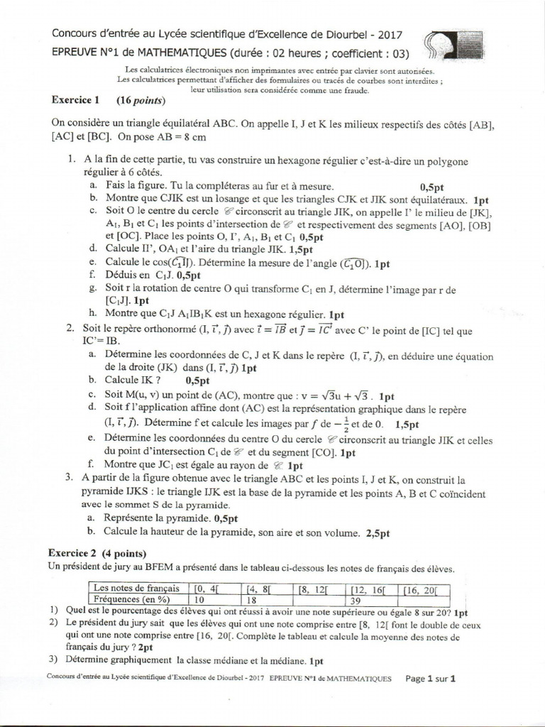 Maths Session 2017 Épreuve 1 Et Corrigé | PDF