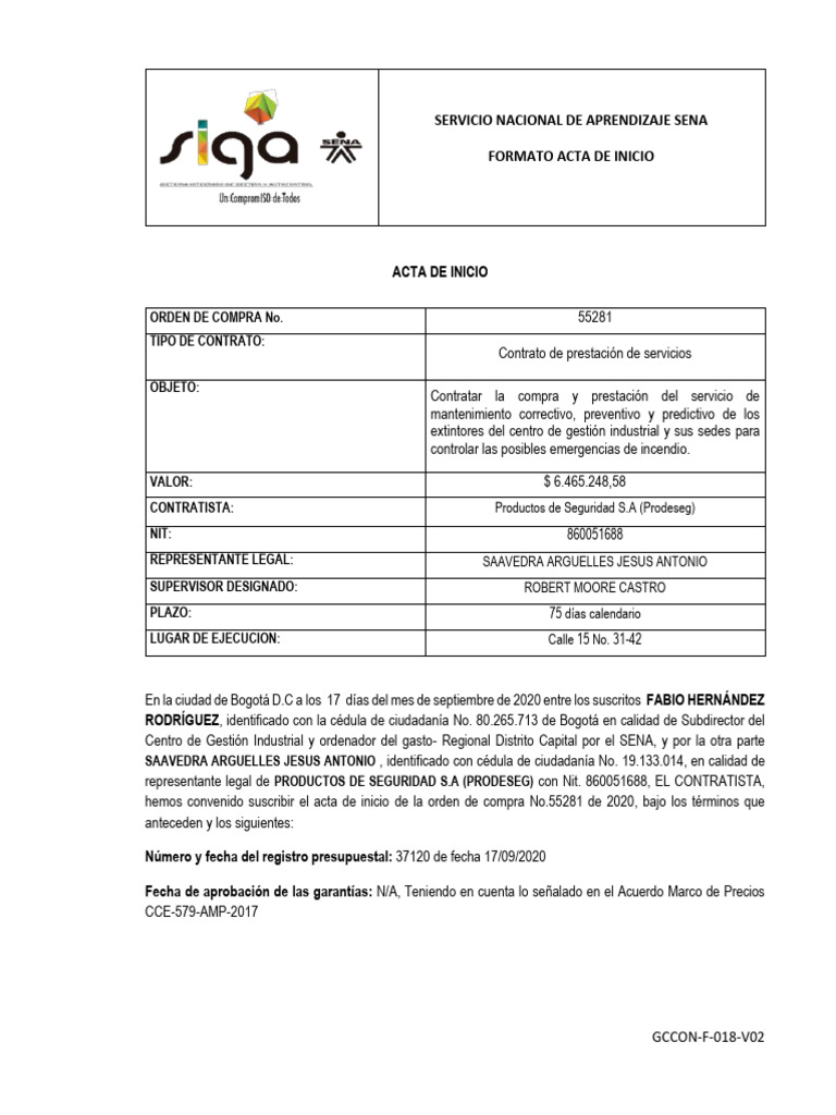 Acta de Inicio de Orden de Compra No. 552811 1 1 | PDF