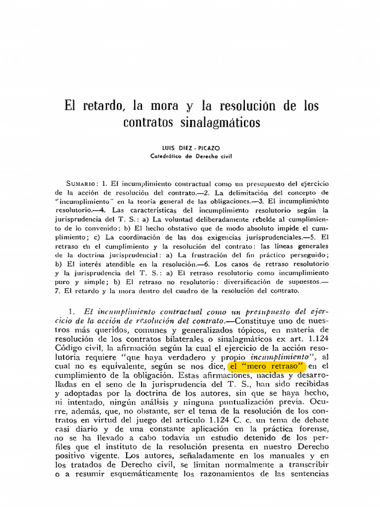 Diez Picazo - La Mora, El Retardo en Los Contratos Bilaterales | PDF