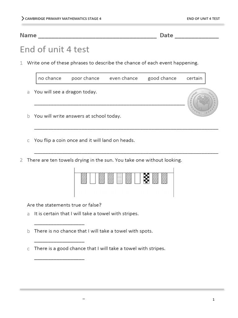 Prim Maths 4 2ed TR Unit 4 Test | PDF
