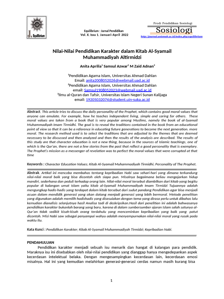 Nilai-Nilai Pendidikan Karakter Dalam Kitab Al-Sya | PDF