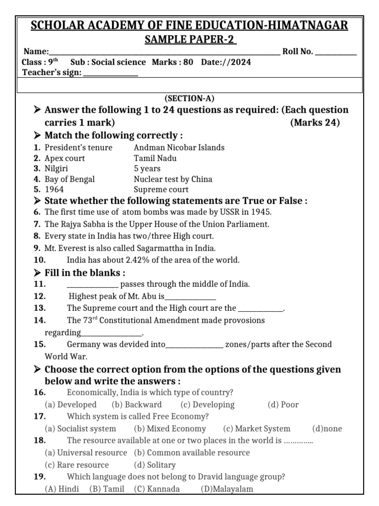 9th - Social - Science - Sample - Paper-1 (1) 80 Marks | PDF