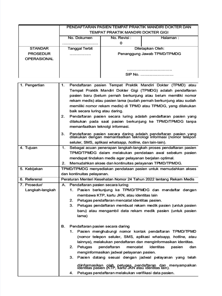 PDF Contoh Sop Pendaftaran Pasien TPMD Compress | PDF