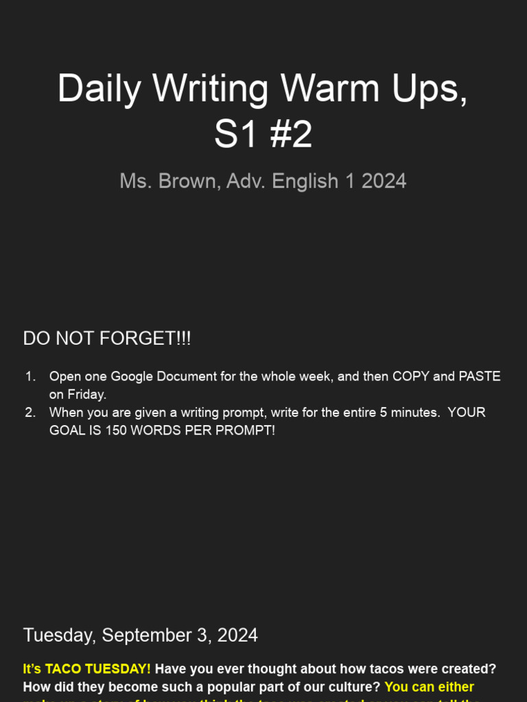 Daily Writing Warm Ups, S1 #2 | PDF