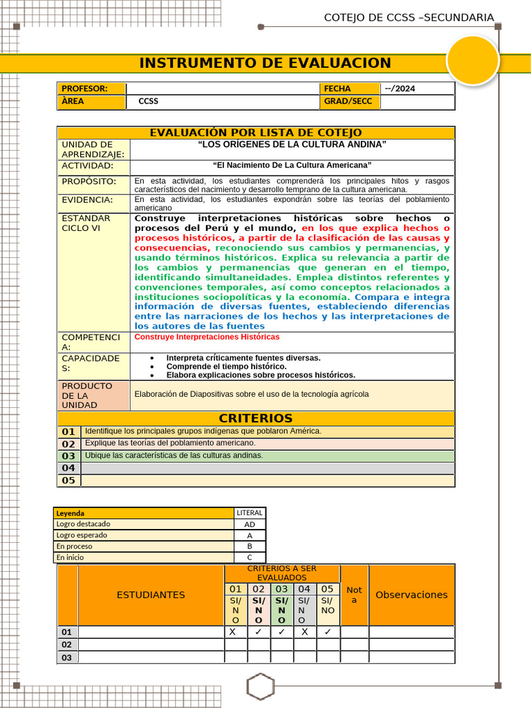 Cotejos 1° CCSS Sem 1 Uni 5 | PDF