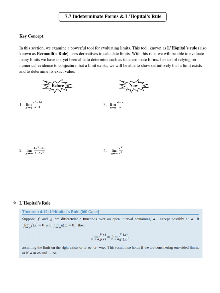 7.7 Indeterminate Forms & L'Hopital's Rule: Key Concept | PDF
